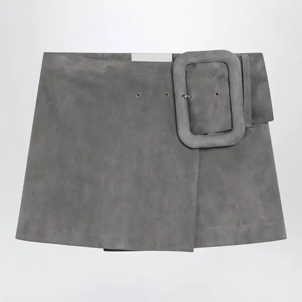 AMI Paris Suede Mini Skirt With Large Buckle Belt - Gray