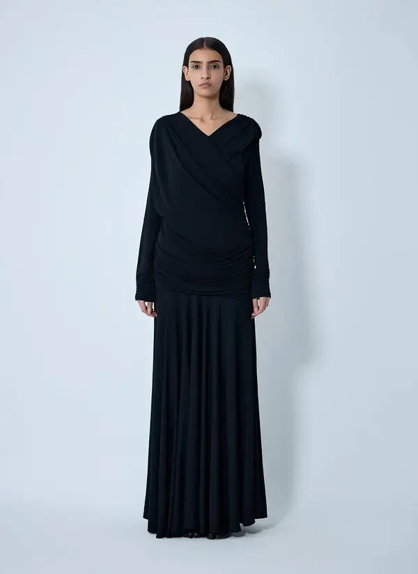 GANNI Ruched V-neck Maxi Dress - Black