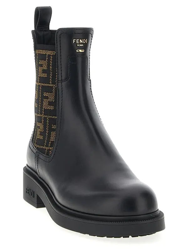 Fendi Filo' Leather Ankle Boots With Ff Fabric Insert - Black