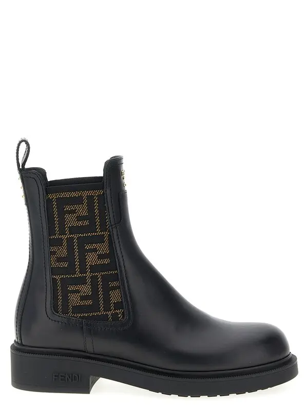 Fendi Filo' Leather Ankle Boots With Ff Fabric Insert - Black