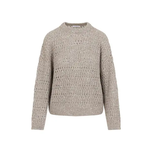 Brunello Cucinelli Long Sleeve Linen Sweater With Rhinestone Embellishments