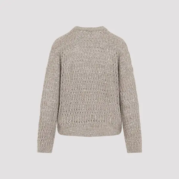 Brunello Cucinelli Long Sleeve Linen Sweater With Rhinestone Embellishments
