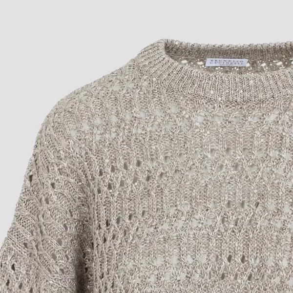 Brunello Cucinelli Long Sleeve Linen Sweater With Rhinestone Embellishments