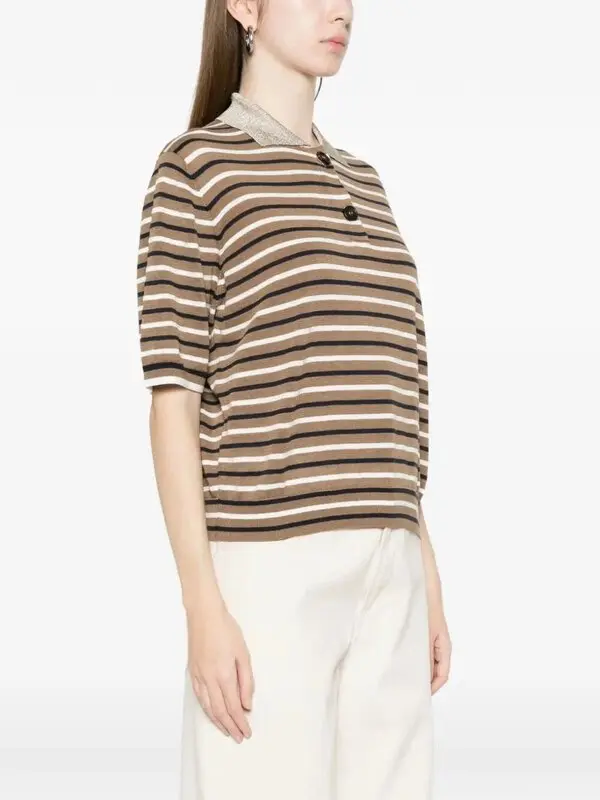 Brunello Cucinelli Striped Linen Blend Polo Sweater
