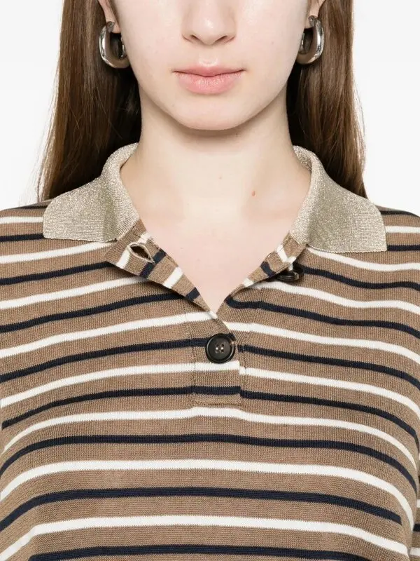 Brunello Cucinelli Striped Linen Blend Polo Sweater