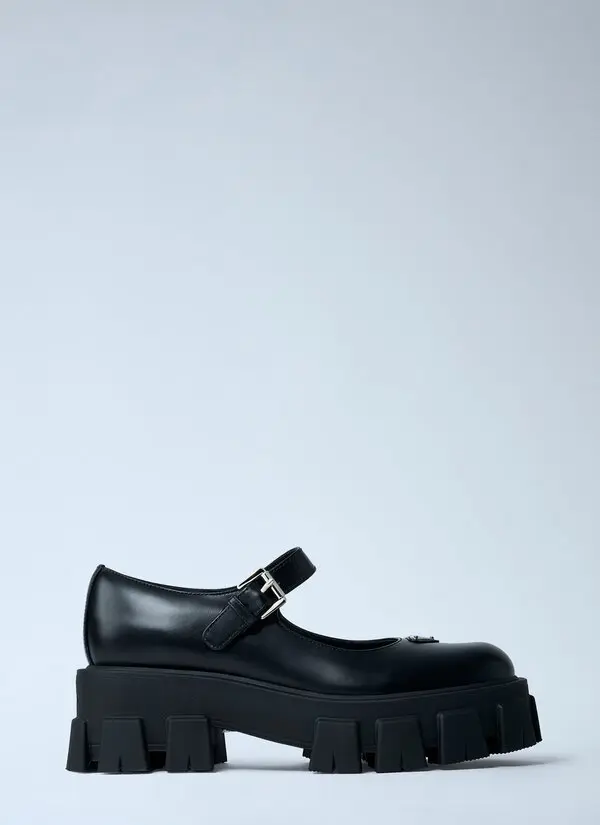 Prada Leather Platform Flats With Buckle And Logo Plaque