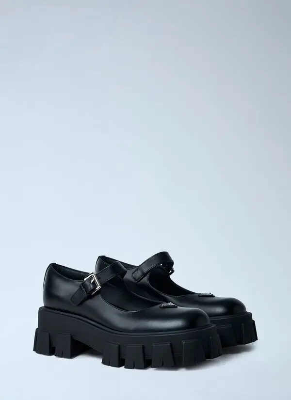 Prada Leather Platform Flats With Buckle And Logo Plaque