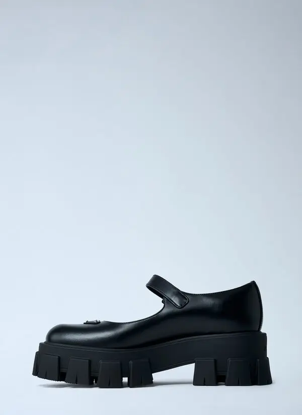 Prada Leather Platform Flats With Buckle And Logo Plaque