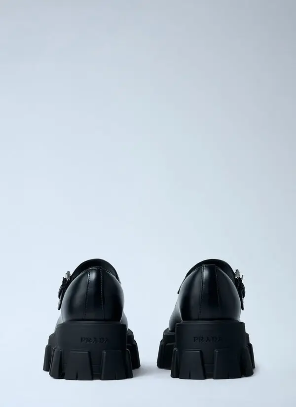 Prada Leather Platform Flats With Buckle And Logo Plaque