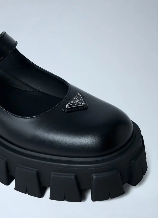 Prada Leather Platform Flats With Buckle And Logo Plaque