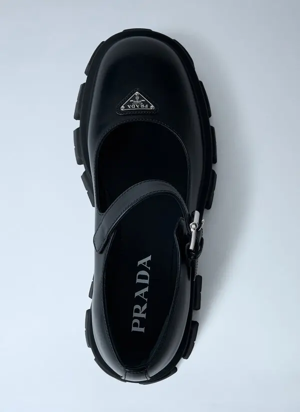 Prada Leather Platform Flats With Buckle And Logo Plaque