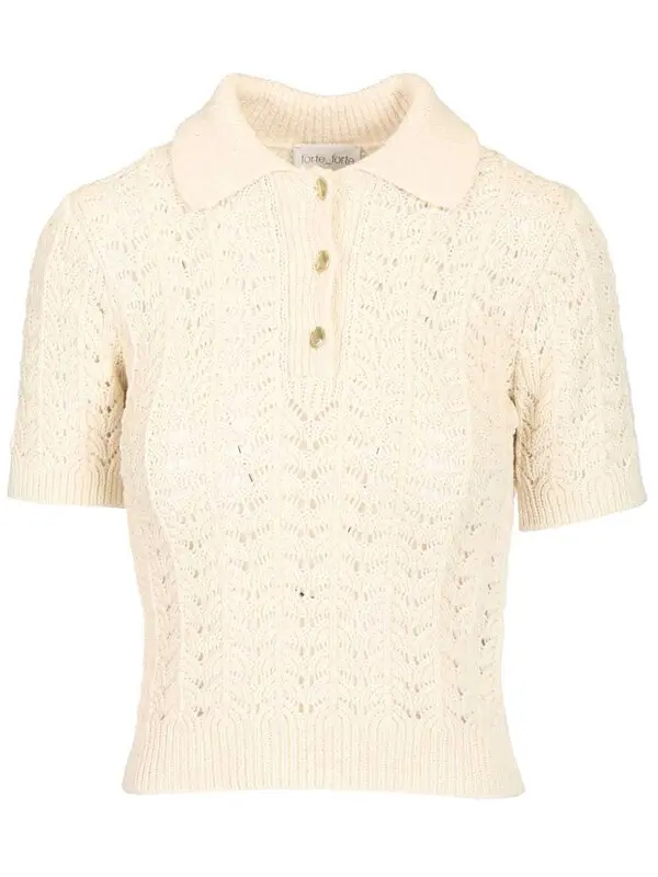 FORTE_FORTE Crochet Effect Polo Shirt - White