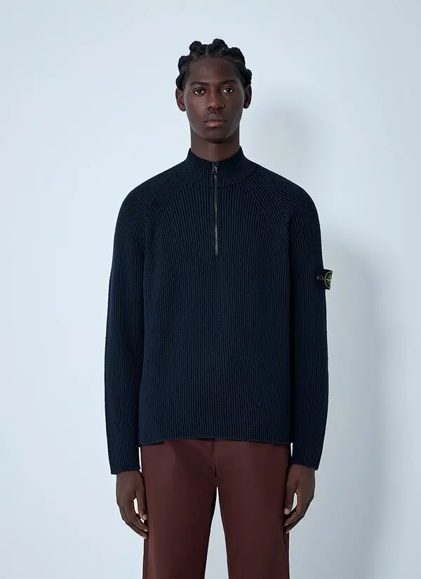 Stone Island Ribbed Knit Half-zip Sweater With Compass Patch - Blue