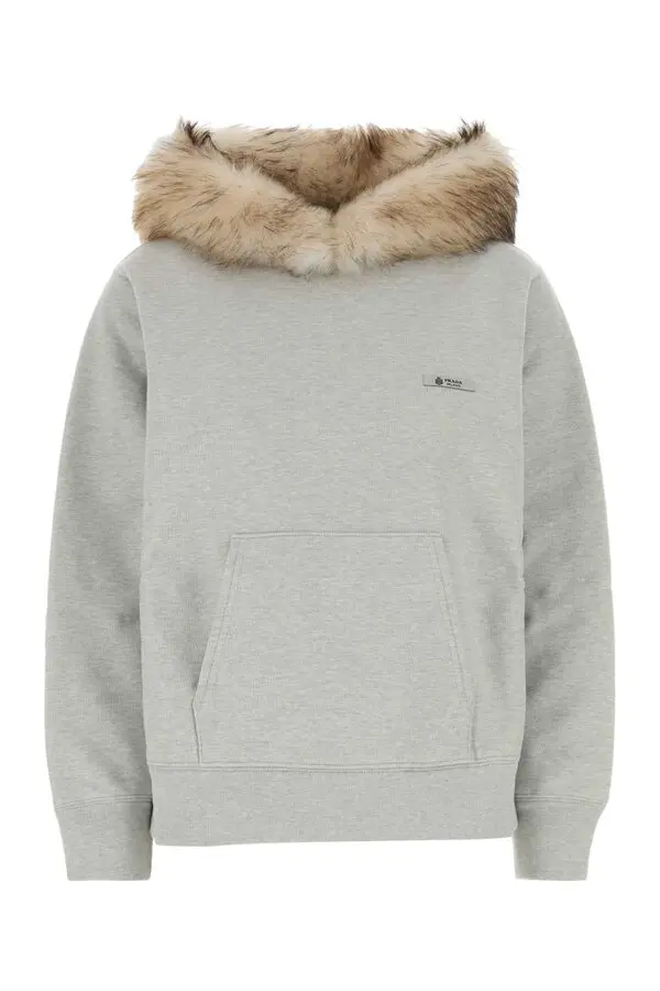 Prada Grey Cotton Hoodie With Fur Trim - Gray