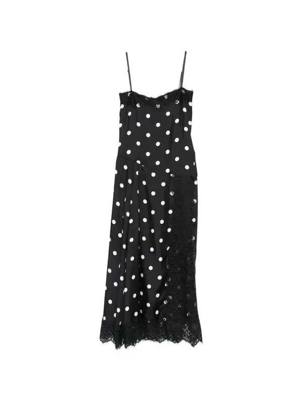 Sportmax Long Polka Dot Lace Trimmed Silk Dress - Black