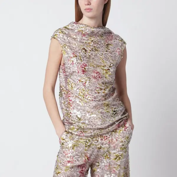 Alberta Ferretti Sleeveless High-neck Top With Floral Sequin Pattern