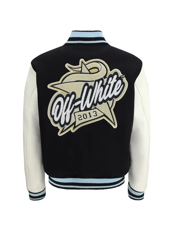Off-White Varsity Star Logo Leather And Wool Jacket - Black