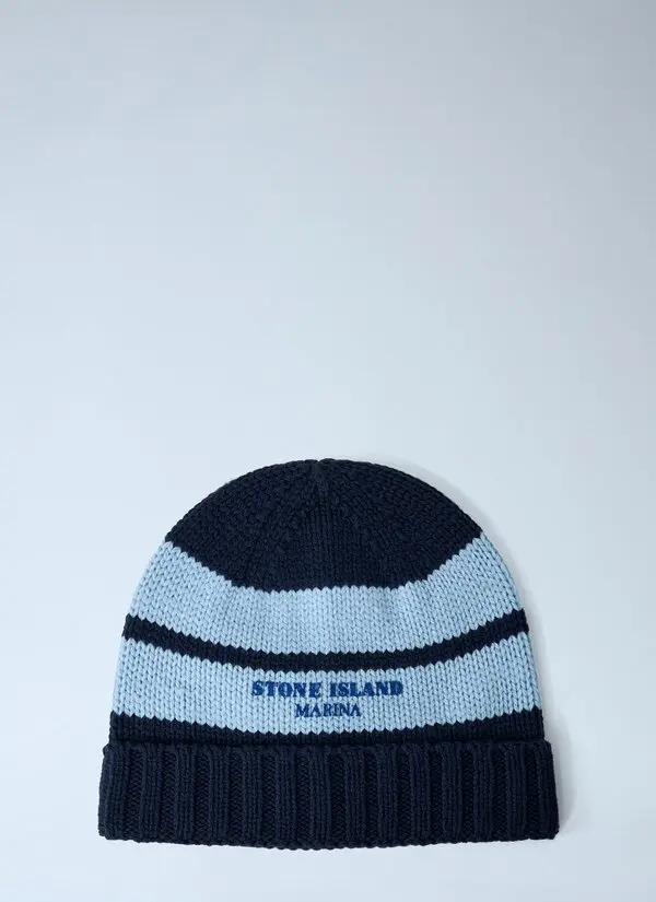 Stone Island Logo Motif Wool Knit Beanie - Blue