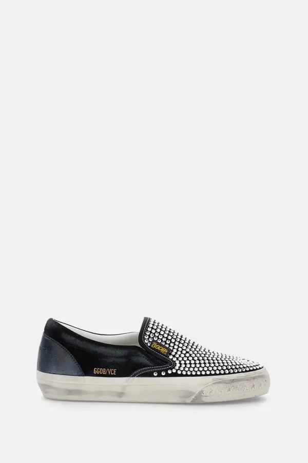 GOLDEN GOOSE Black Suede Crystal Embellished Slip-on Sneakers