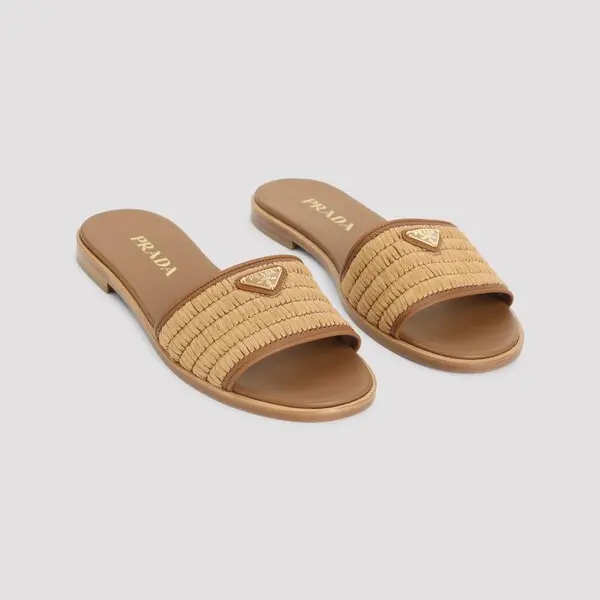 Prada Raffia And Calf Leather Slide Sandals - Brown