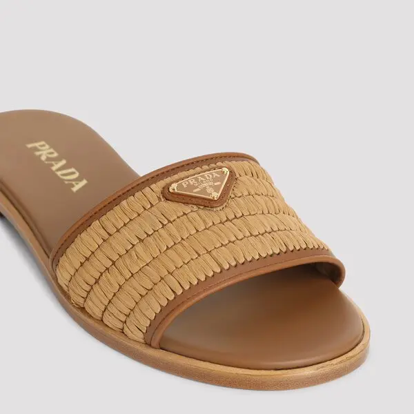 Prada Raffia And Calf Leather Slide Sandals - Brown