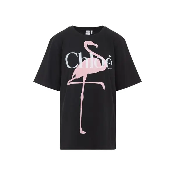 Chloé Cotton T-shirt With Flamingo Print - Black
