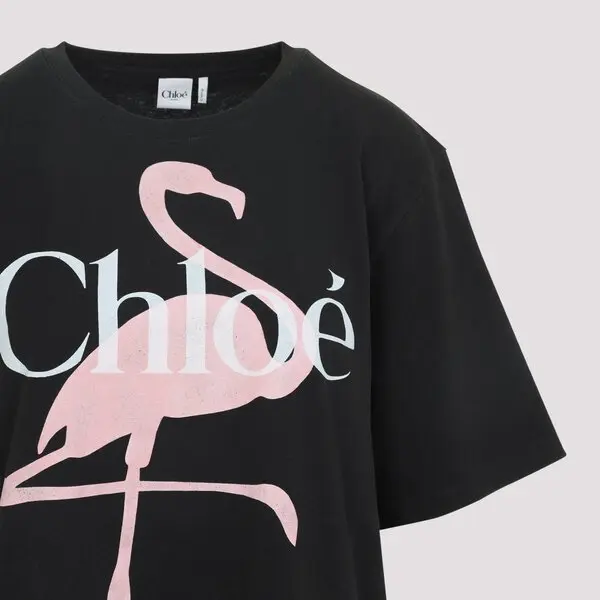 Chloé Cotton T-shirt With Flamingo Print - Black