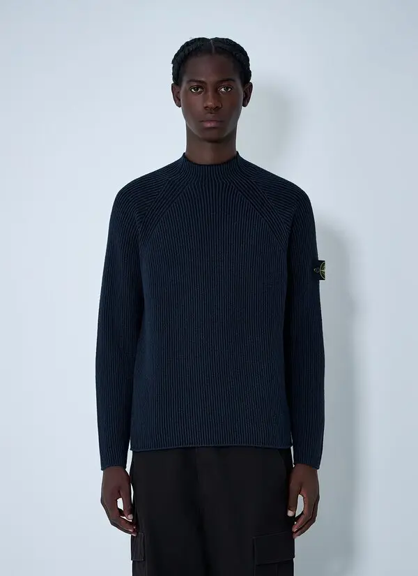 Stone Island Ribbed Logo Patch Crewneck Sweater - Blue
