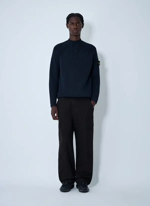 Stone Island Ribbed Logo Patch Crewneck Sweater - Blue