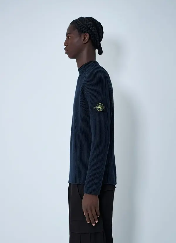 Stone Island Ribbed Logo Patch Crewneck Sweater - Blue