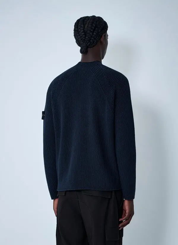 Stone Island Ribbed Logo Patch Crewneck Sweater - Blue