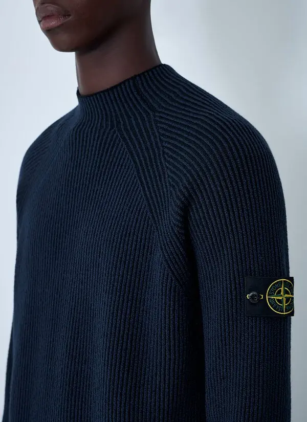 Stone Island Ribbed Logo Patch Crewneck Sweater - Blue