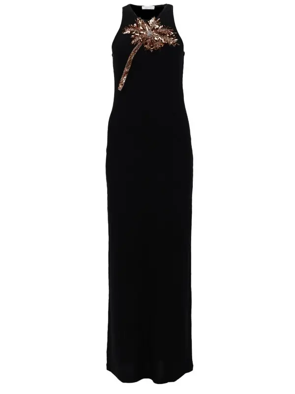 Rabanne Maxi Dress With Sequin Palm Detail - Black
