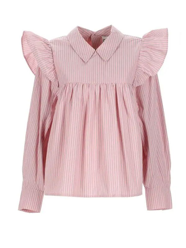GANNI Organic Cotton Striped Shirt With Puffy Straps - Pink