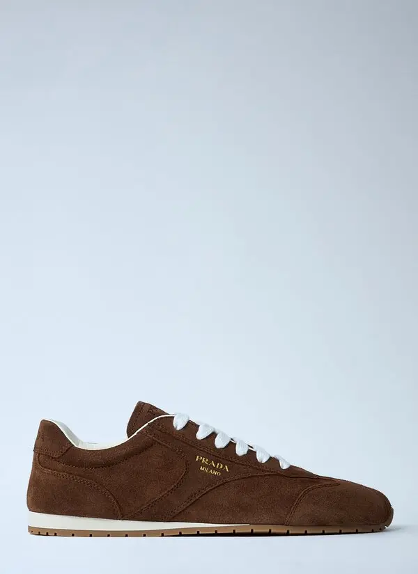 Prada Suede Round Toe Lace-up Sneakers - Brown