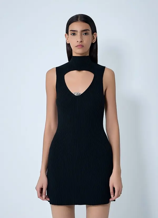 DIESEL® Ribbed Wool Mini Dress With Logo Hardware - Black