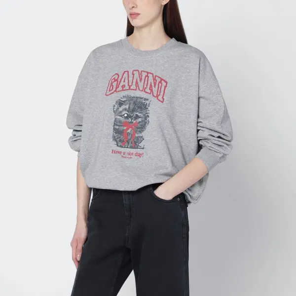 GANNI Grey Organic Cotton Crewneck Sweatshirt With Kitten Print And Logo