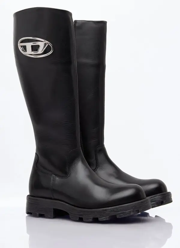 DIESEL® Leather Knee-high Boots With Side Logo Plaque - Black