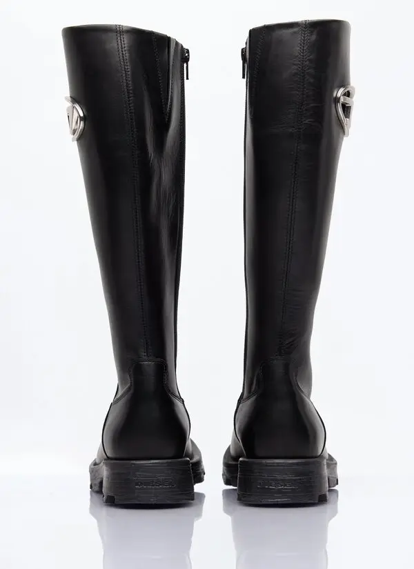 DIESEL® Leather Knee-high Boots With Side Logo Plaque - Black