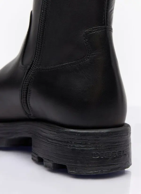 DIESEL® Leather Knee-high Boots With Side Logo Plaque - Black