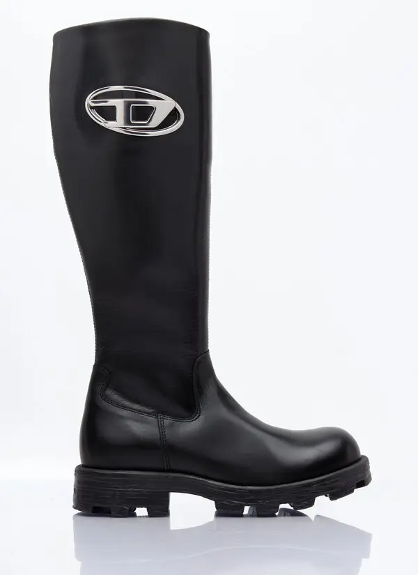 DIESEL® Leather Knee-high Boots With Side Logo Plaque - Black