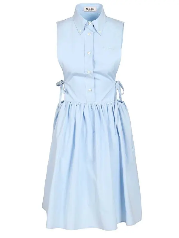 Miu Miu Sleeveless Poplin Shirt Dress With Bow Detail - Blue
