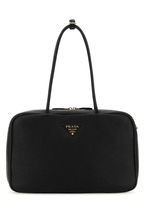 Prada Deer Leather Shoulder Bag With Golden Metal Finishing - Black