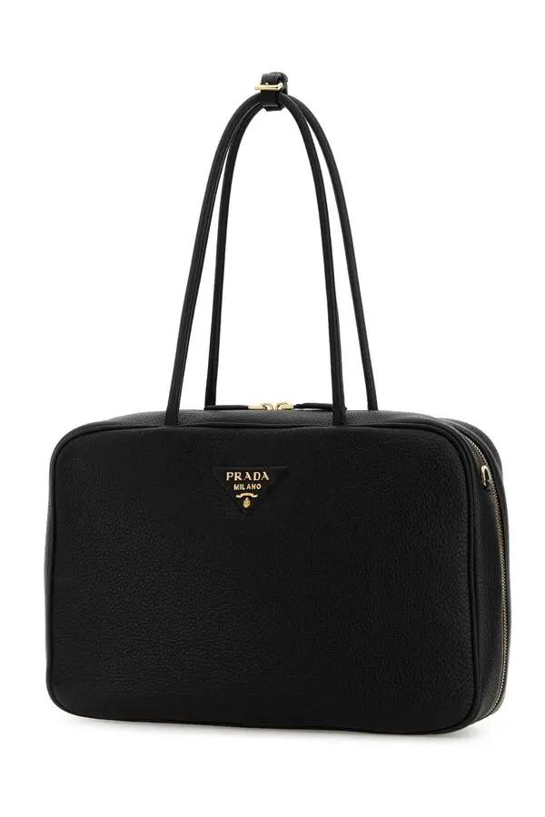 Prada Deer Leather Shoulder Bag With Golden Metal Finishing - Black