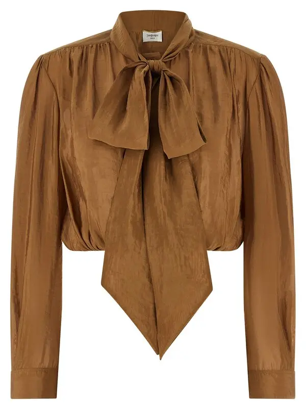Saint Laurent Lavallière Neck Cropped Blouse - Brown