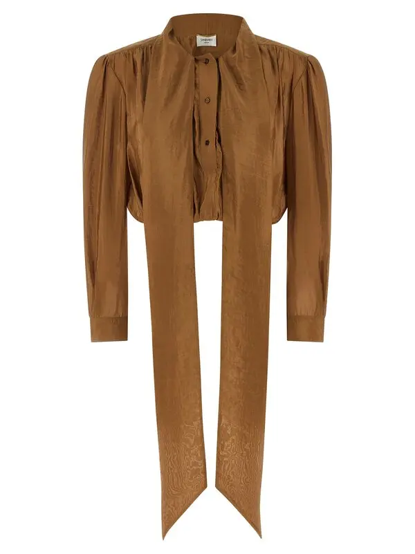 Saint Laurent Lavallière Neck Cropped Blouse - Brown