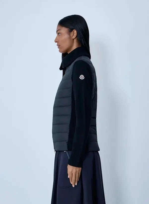 Moncler Quilted Zip-up Cardigan With Knitted Sleeves - Black