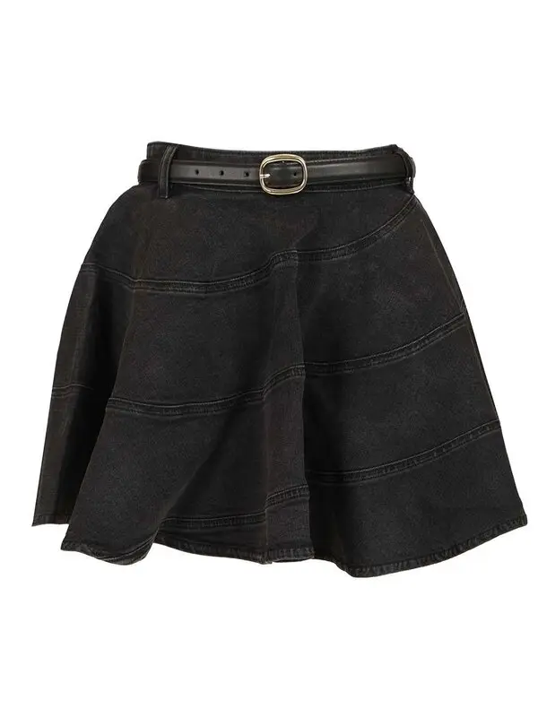 SELF-PORTRAIT Flared Denim Mini Skirt With Belt