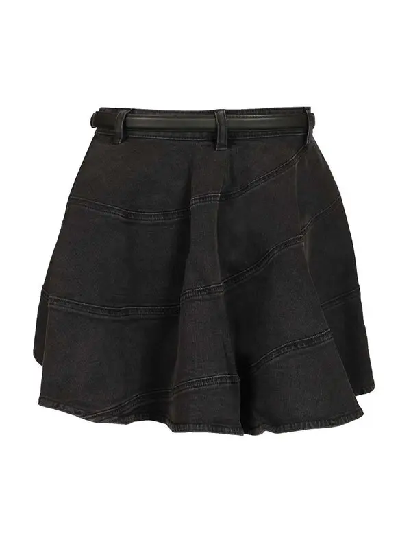 SELF-PORTRAIT Flared Denim Mini Skirt With Belt