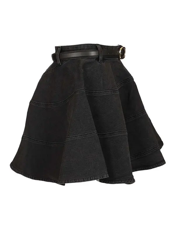 SELF-PORTRAIT Flared Denim Mini Skirt With Belt